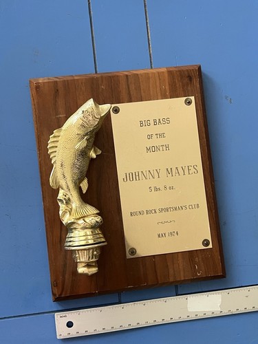 Vintage May 1974 Big Bass Of The Month Trophy Plaque Round Rock ...