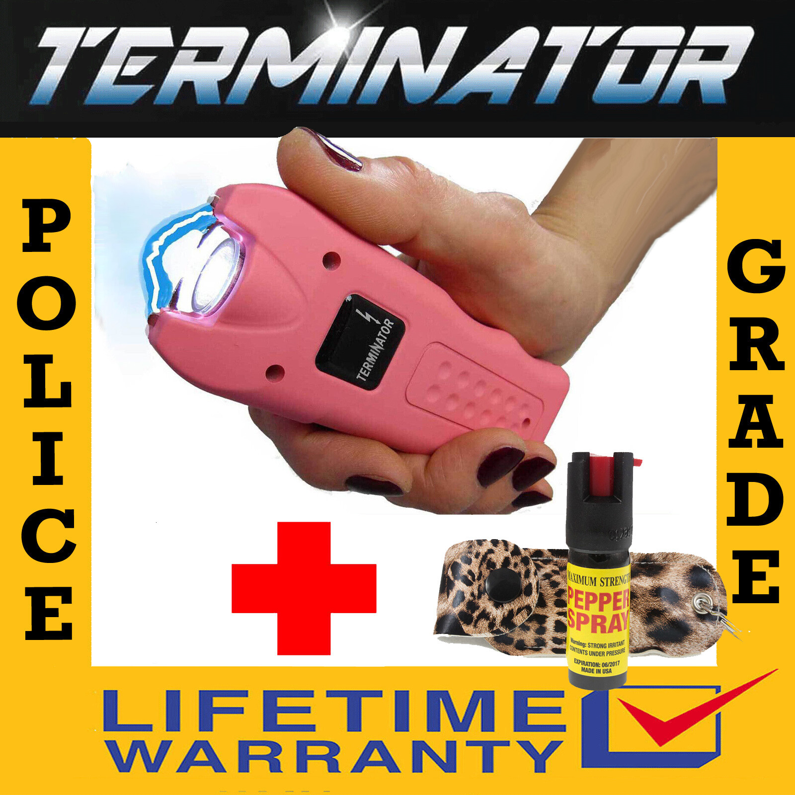 Terminator Max Power Police Stun Gun T10 180 BV w/ Siren Tiger Pepper ...
