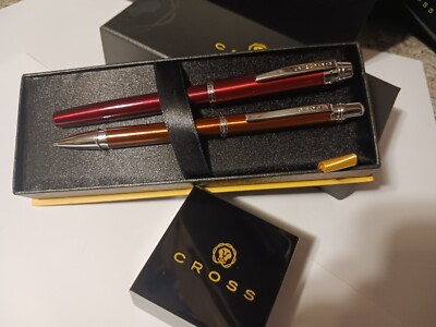 CROSS HELIOS RUBY RED CHROME FOUNTAIN PEN PENCIL SET $110 NEW ...