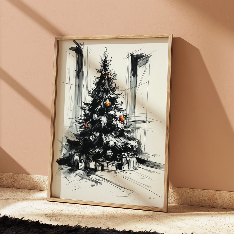 CHRISTMAS TREE INK DRAWING PRINT SKETCH 8" x 10" CHRISTMAS TREE WALL ...