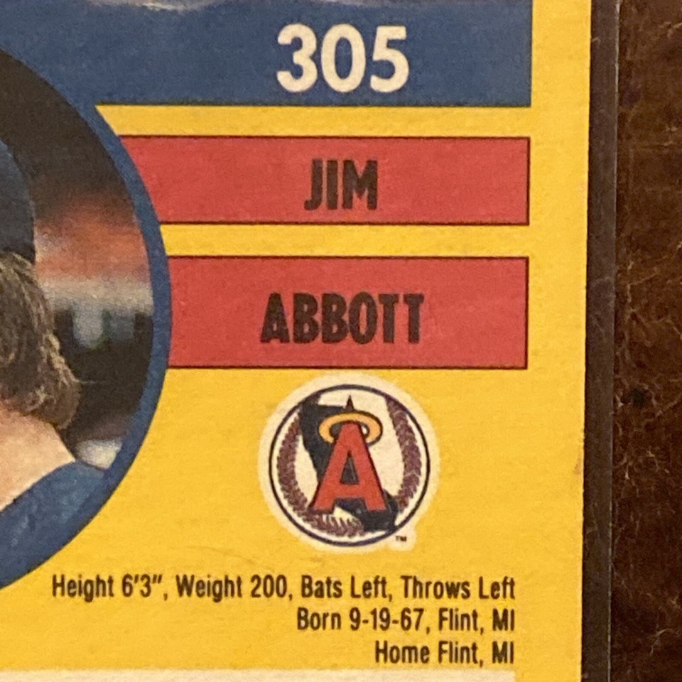1991 Fleer Jim Abbott California Angels 305 Missing “.” Error In USA On ...