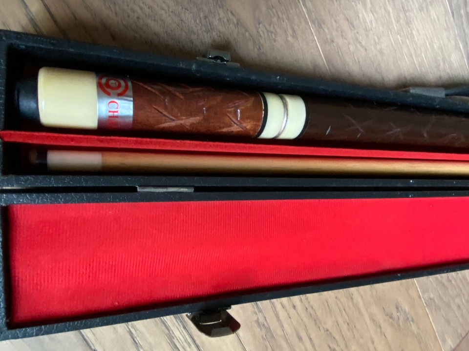 Champion Billiard Pool Cue Stick 2 Piece w/Case Carved Wood Tiki Brass ...