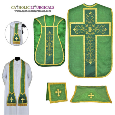 NEW Green Roman Fiddleback Chasuble, Fiddleback Vestment 5pcs Mass Set ...