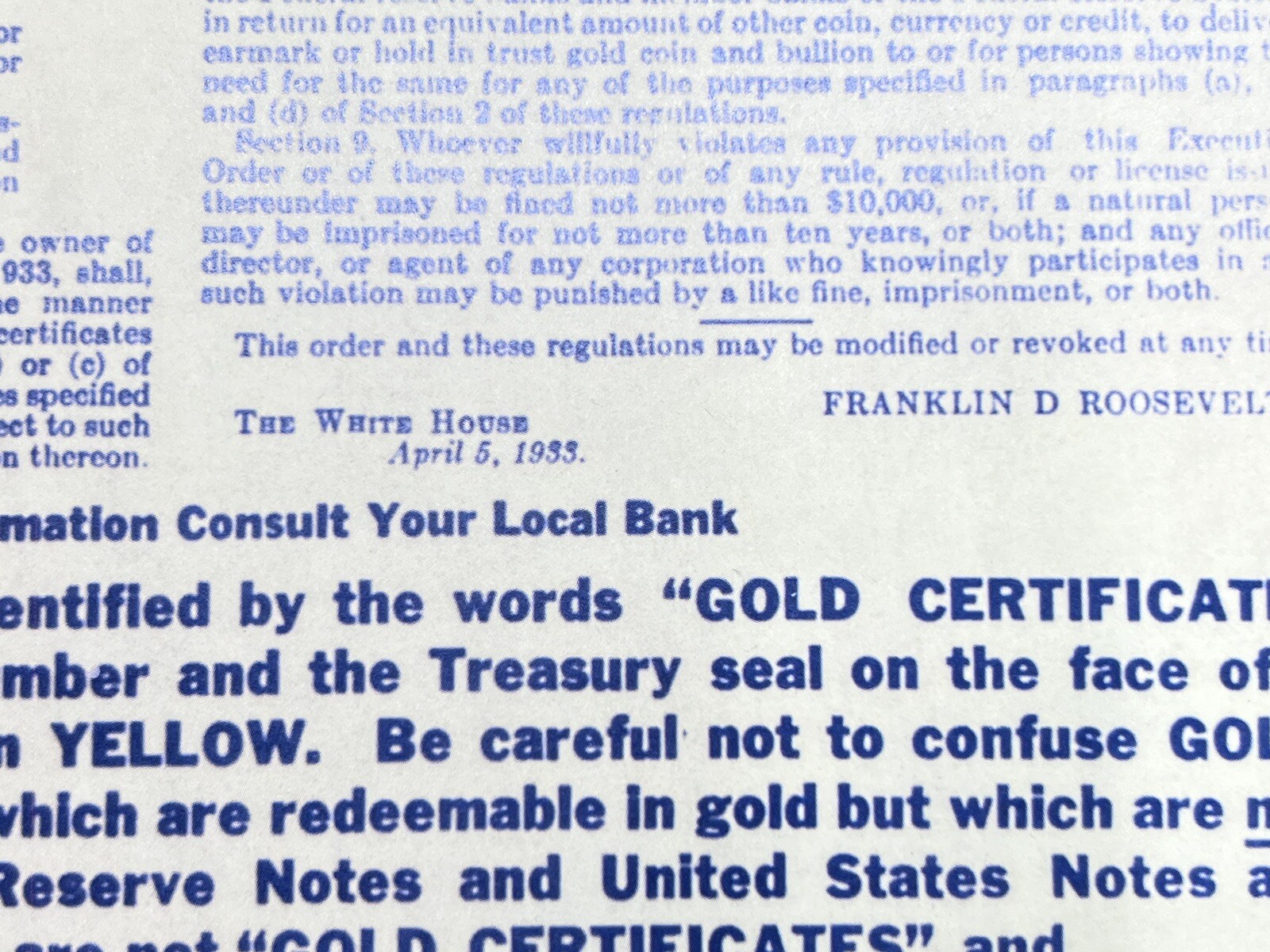 1933 FDR Gold Confiscation Poster Roosevelt Executive Order 6102 ...