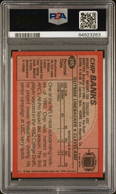 1983 TOPPS #245 CHIP BANKS PSA 10 GEM MINT ROOKIE RC CLEVELAND BROWNS ...