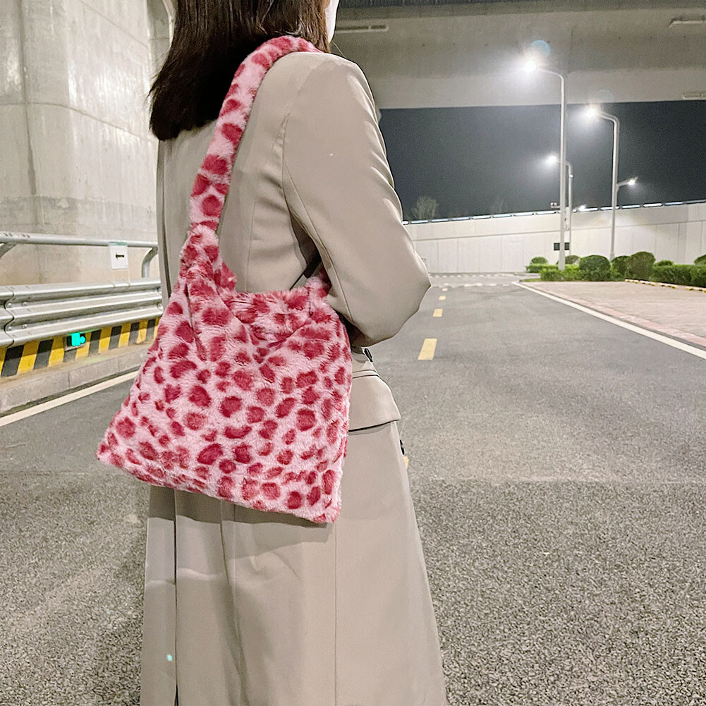 Plush Flower Pattern Handbag Winter Large Capacity Shoulder Bag (Pink ...