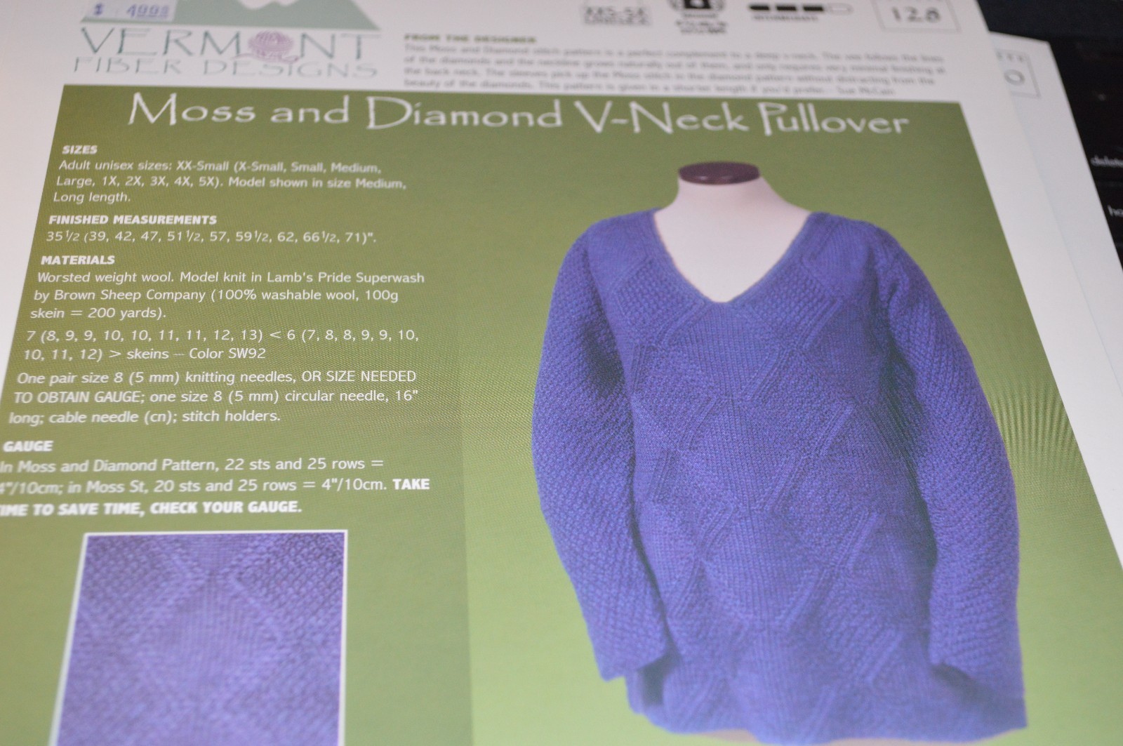 Vermont Fiber Designs Knitting Pattern 128 Moss Diamond VNeck Pullover ...