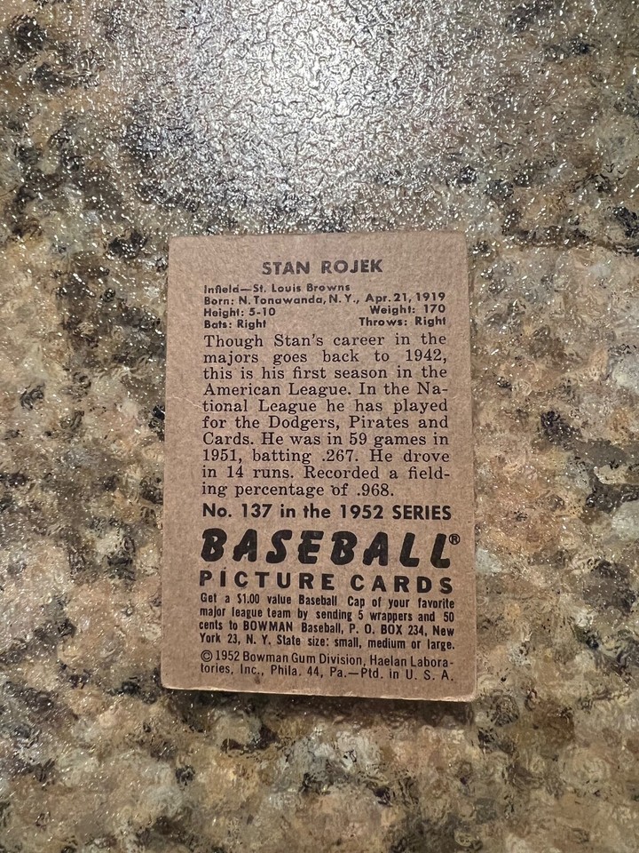 1952 BOWMAN BASEBALL CARD #137 STAN ROJEK EX+ FRONT LT WRINKLE ON BACK ...