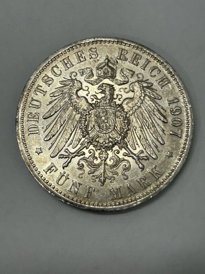 Prussia Germany - 1907-A Large Silver 5 Mark AU German Empire Funf ...