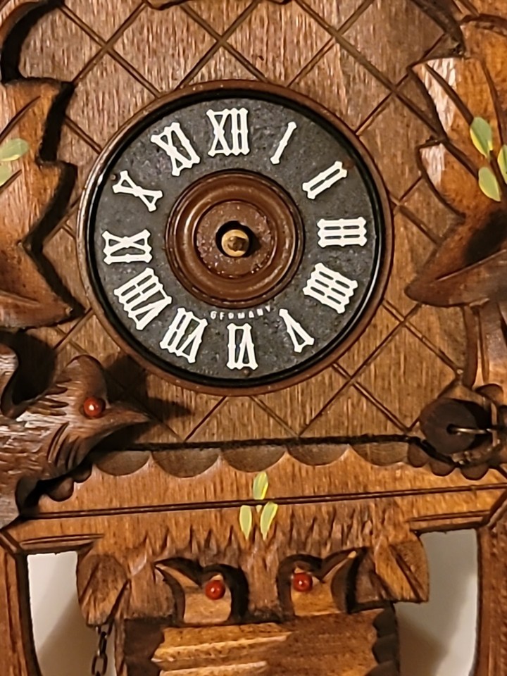 Vtg Germany Black Forest Wood Cuckoo Clock Birds Leaves Pendulum 4 ...