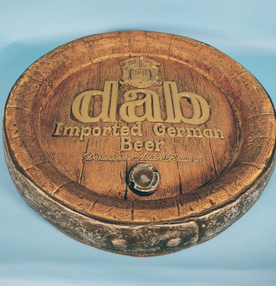Vtg DAB Imported German Beer Barrel Keg End Faux Wood Bar Man Cave Sign ...