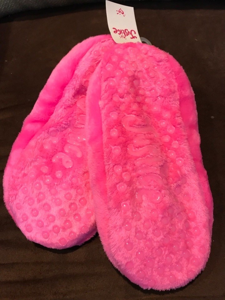 JUSTICE SLIPPERS EMOJI PINK LOVE PLUSH SLEEPOVER SQUAD SUPER SOFT COMFY ...