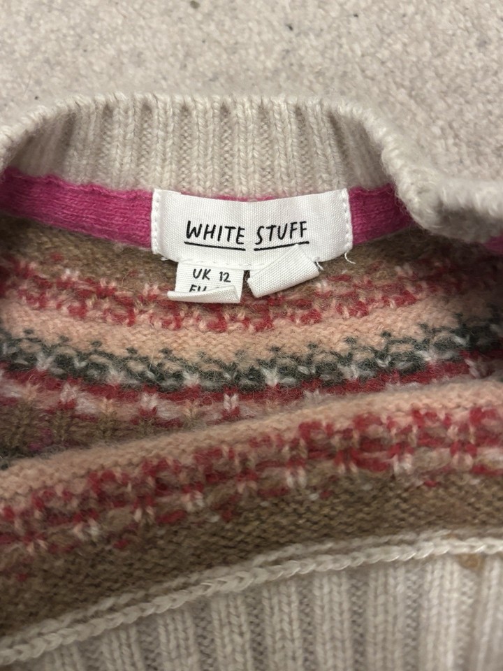 Womens White Stuff Jumper Sz 12 Fair Isle Cream Pink Green Excellent ...