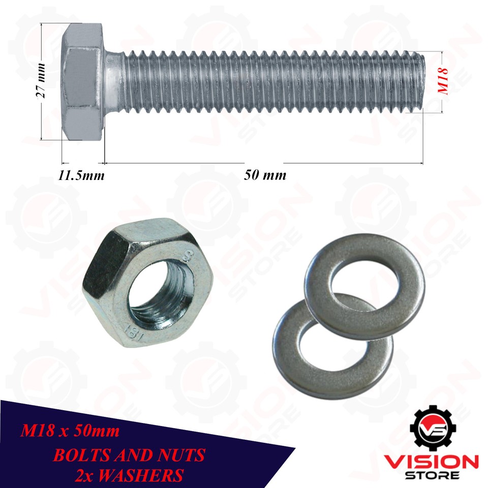 M18 (18mm) Set Bolts & Nuts with Washers BZP Fully Threaded Hex Bolts ...