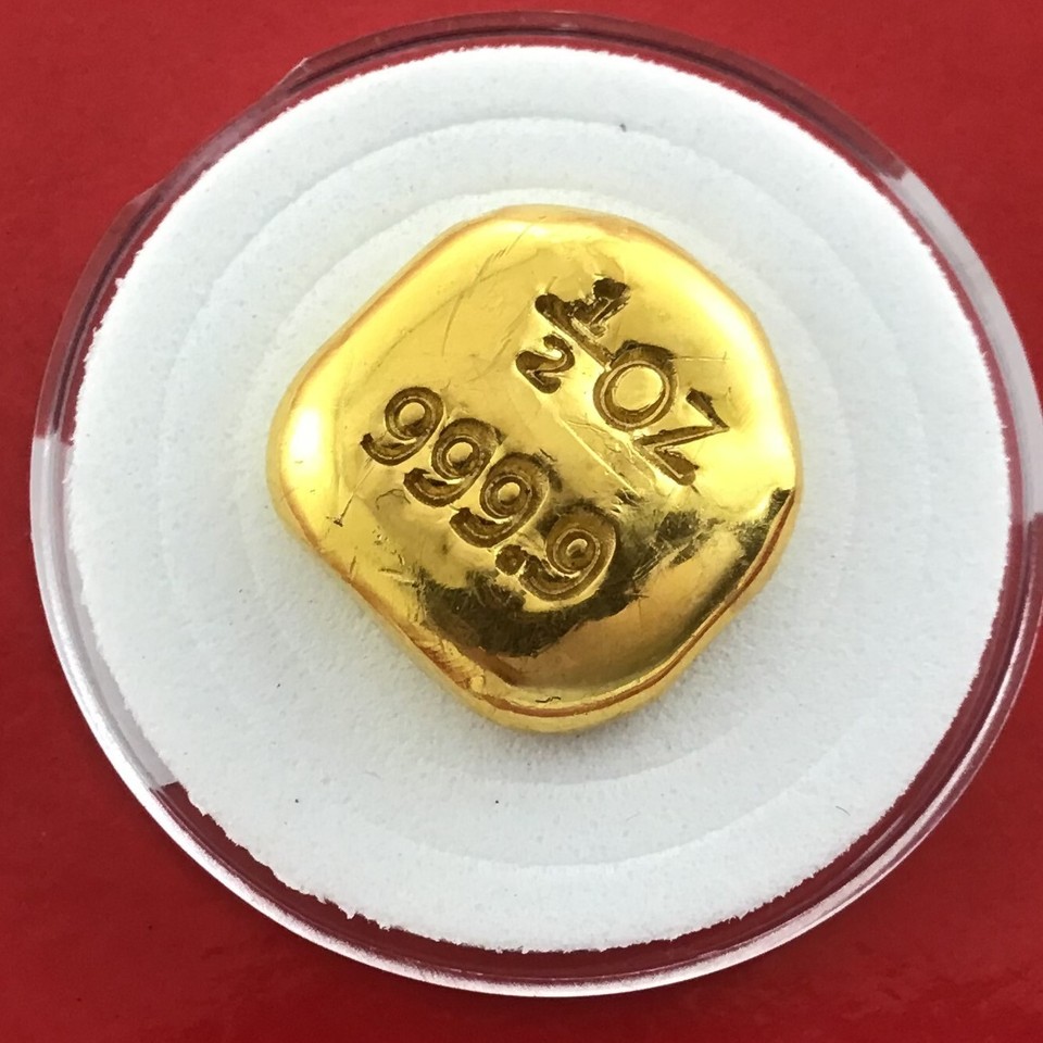 1/2 Troy Oz 9999 Fine Solid Gold Hand Poured Hallmarked Round Bar Ingot ...