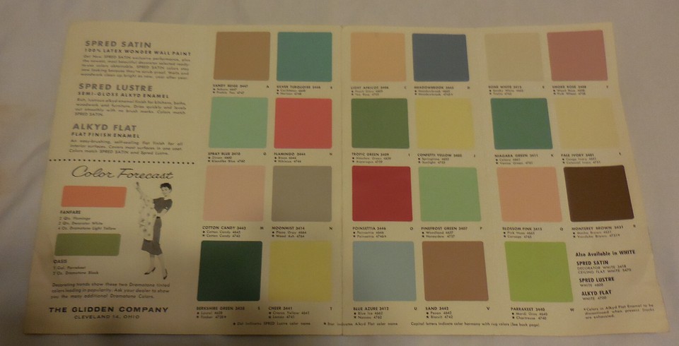 1958 Glidden Latex Paint Spred Satin Color Chart paint Cleveland OH USA ...