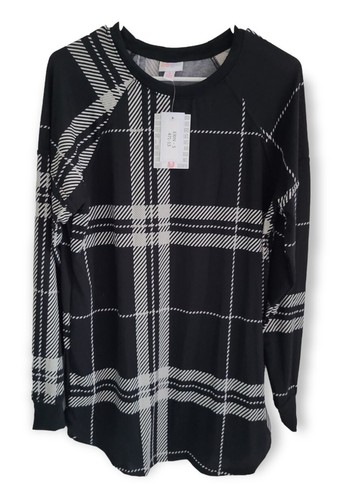 Lularoe Plaid Small Erin Unisex Raglan Sleeve S Black White Dash Lines ...