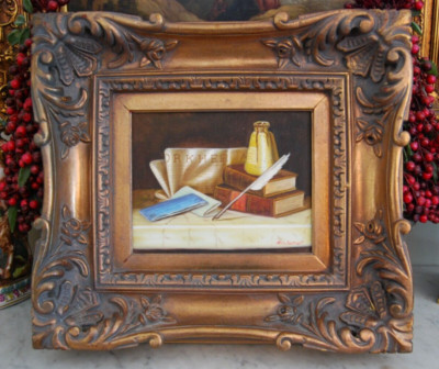 FANCY FRAMED SIGNED OIL ON CANVAS LETTERS & BOOKS STILL LIFE ARTIST: A ...