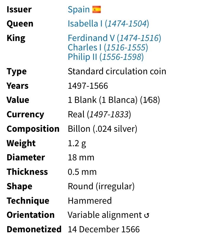 King Ferdinand Queen Isabella 1497-1566 AD Medieval Coin Blanca Genuine ...