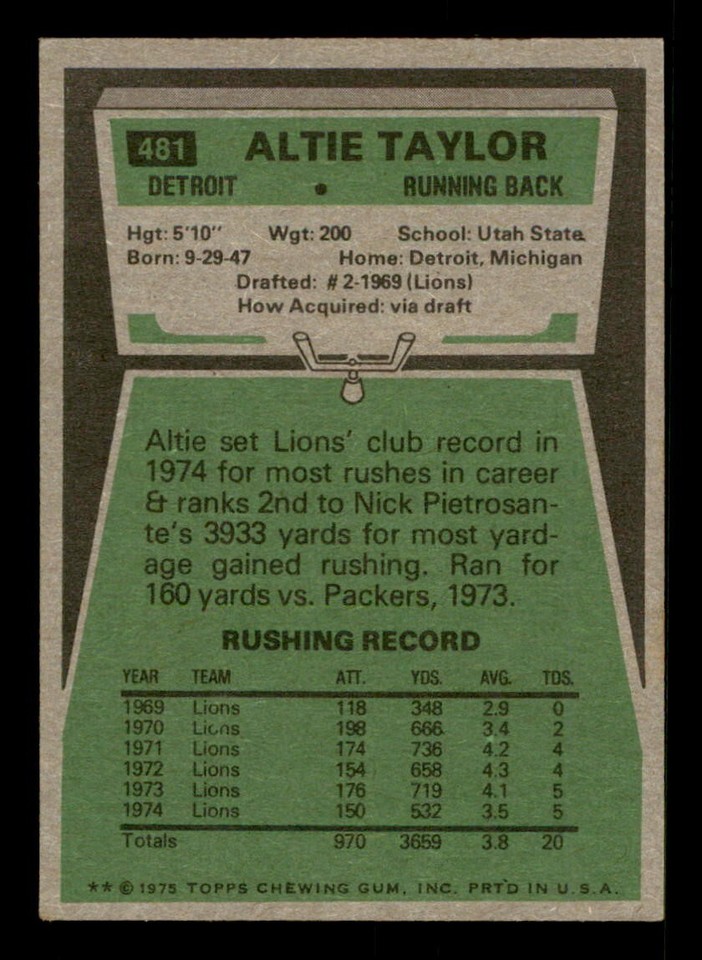 1975 Topps Football #481 Altie Taylor EX *d4 | eBay