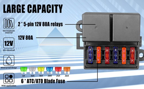Car Truck Boat RV Pre-Wired Fuse Relay Box 4-Pin 80A Relays 6 Fuses ...