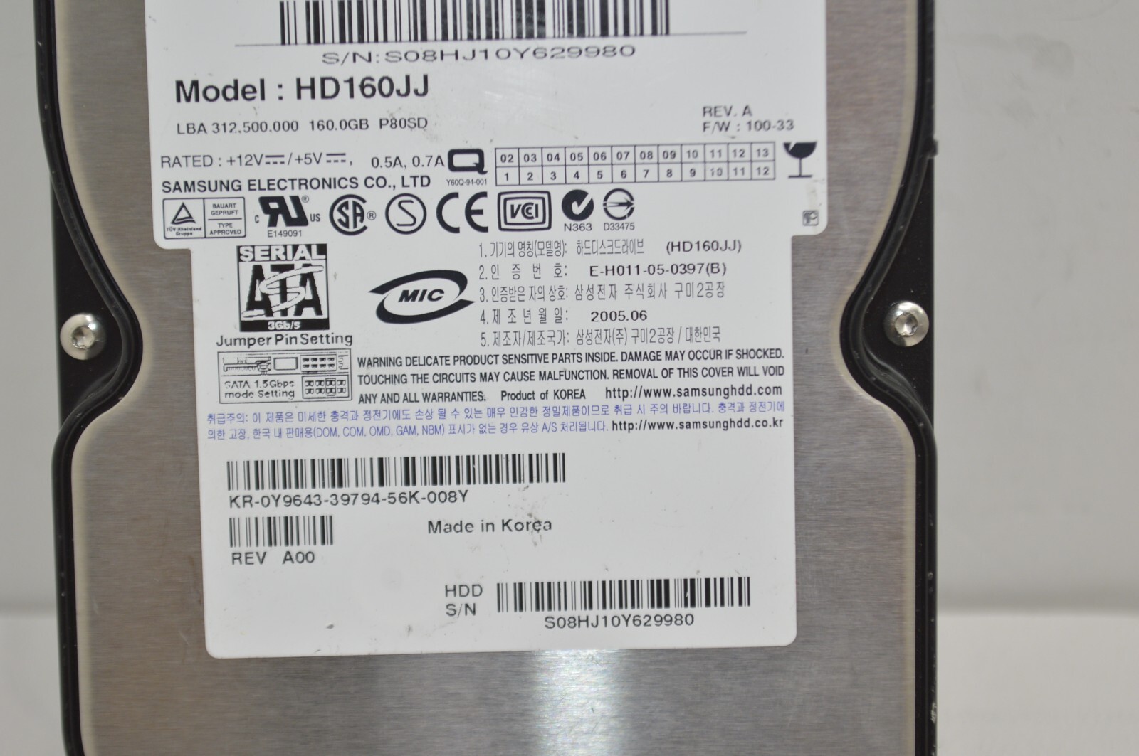 Samsung HD160JJ/P REV.A FW:ZM100-34 (P/V FS) 160gb 3.5" Sata Hard Drive ...