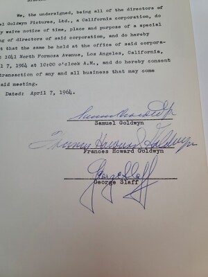 Samuel Goldwyn & George Slaff 1964 signed document, Special Meeting of ...