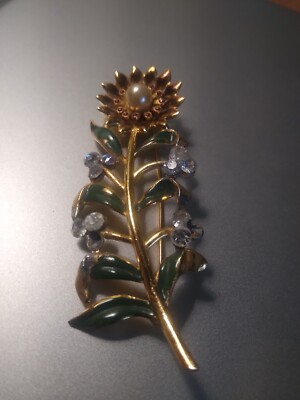 Vintage Gold Toned Enameled Sunflower Pin w/Rhinestones & Faux Pearl ...
