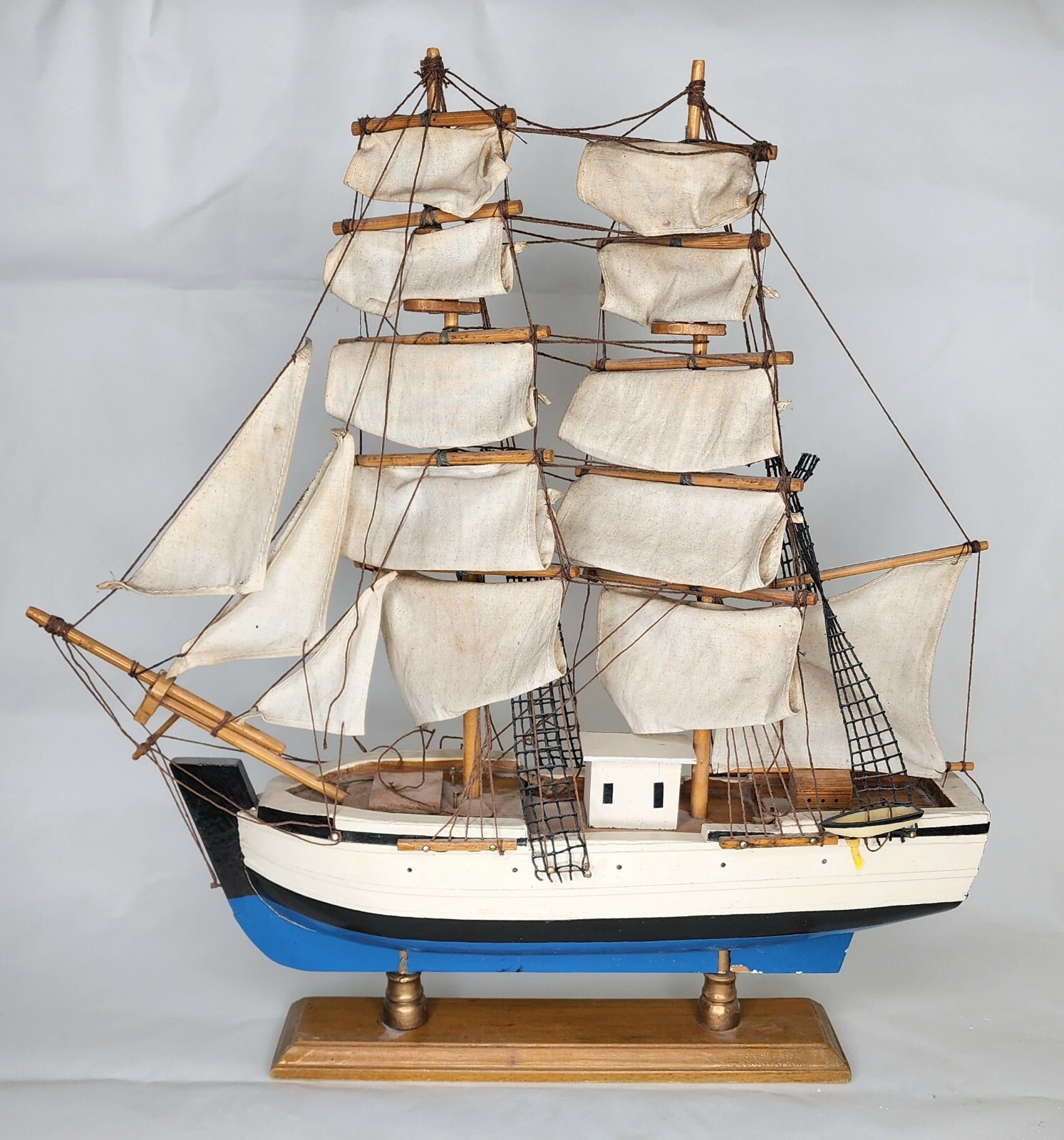 Vintage Handmade Wooden Model Ship Wooden Sailboat With Cloth Sails ...