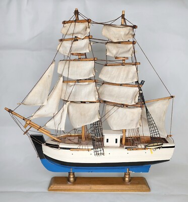 Vintage Handmade Wooden Model Ship Wooden Sailboat With Cloth Sails ...