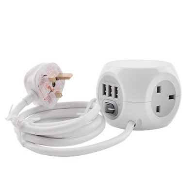 3 Way Power Cube Socket with 3 USB Ports & 1.4M Electric Extension Lead ...