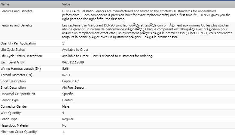Oxygen Sensor Air/Fuel Ratio Upstream Right DENSO for 2005-2006 TOYOTA ...