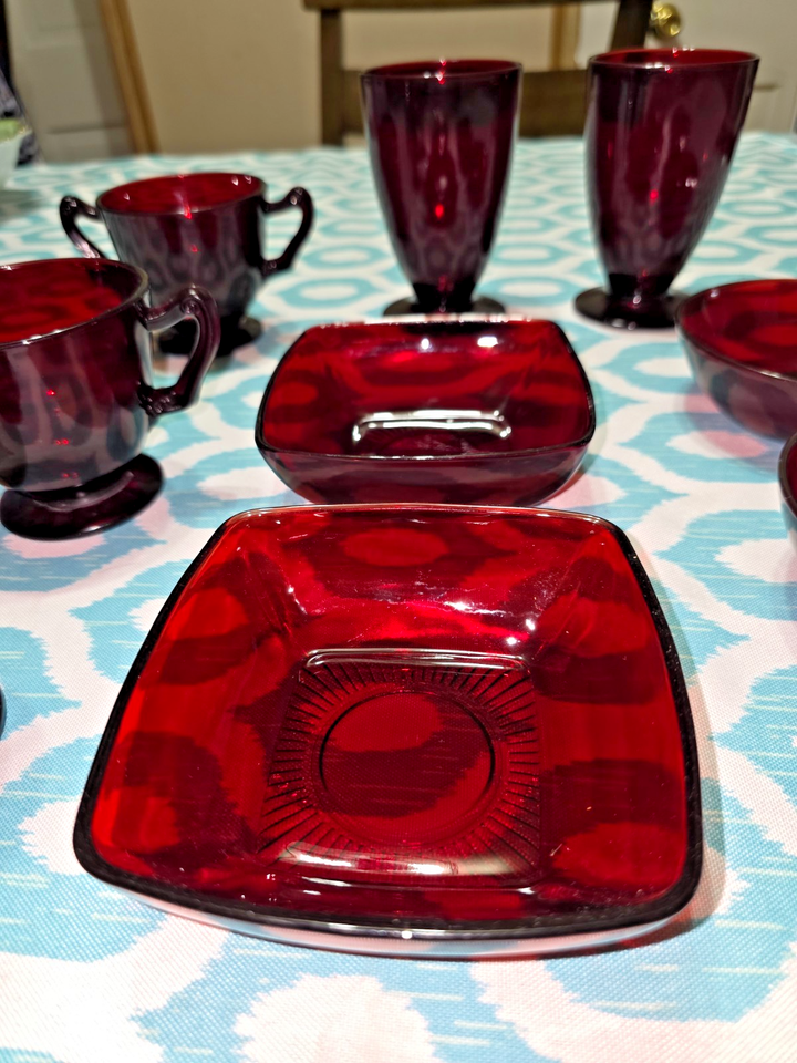9 PIECES OF VINTAGE RUBY RED GLASSWARE CREAM AND SUGAR GLASSES DISHES ...