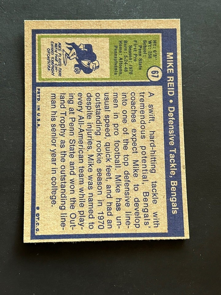 1972 Topps Football #67 Mike Reid EX+ Cincinnati Bengals Penn State ...