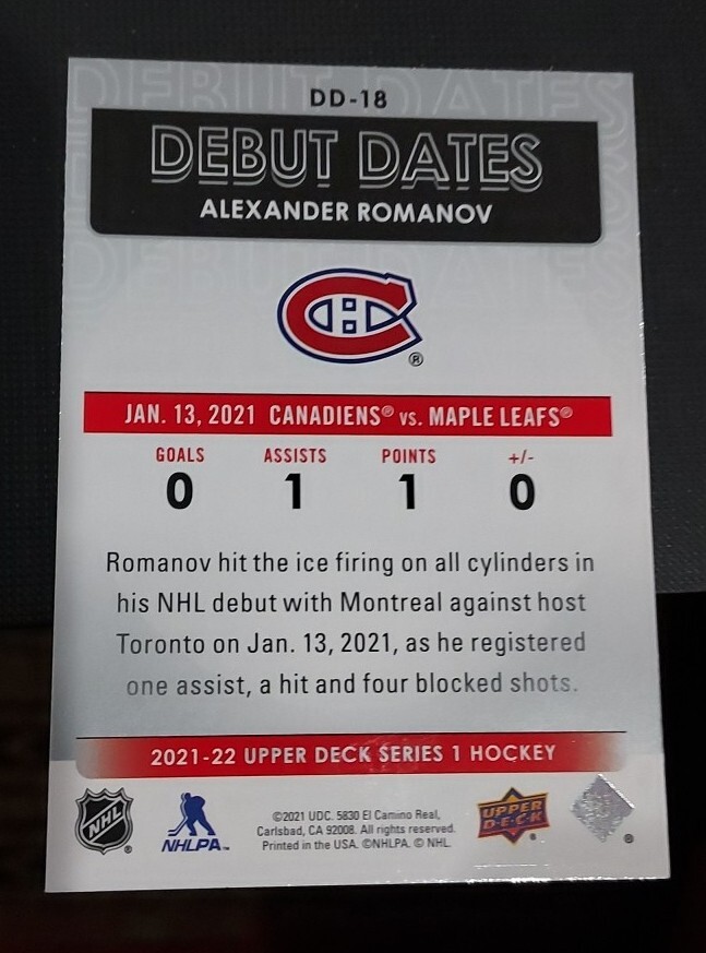 2021-22 Upper Deck Debut Dates Alexander Romanov DD-18 Montreal ...