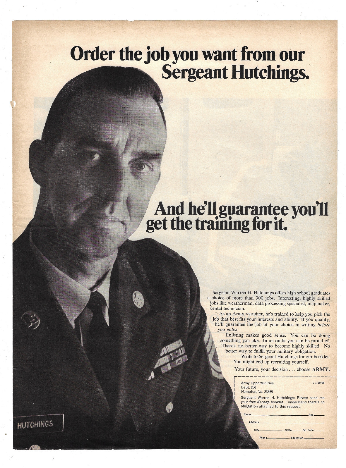 US Army Print Ad Military Recruitment Advertising Sergeant Hutchings ...