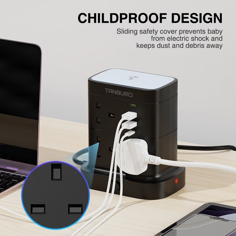 4 USB Extension Lead Power Strip tower with 7-Way Sockets 2M Cord UK ...