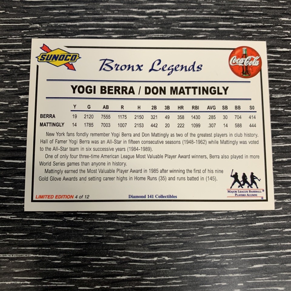 2001 Sunoco Coca-Cola Dream Team #4 Bronx Legends Don Mattingly Yogi ...