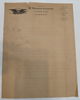 Antique M Walker Cooper Attorney at Law Letterhead Bloomfield MO Rare ...
