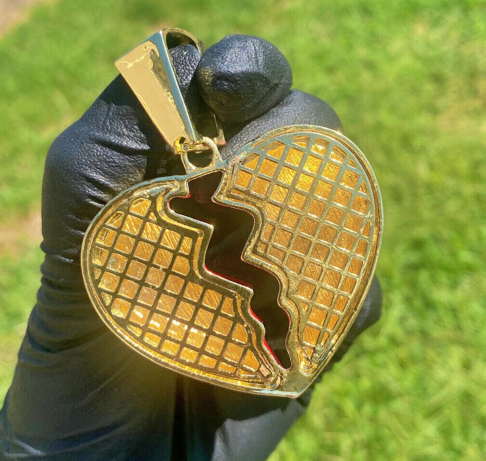 HIP HOP ICED BLING OUT GOLD PT BANDED BROKEN HEART PENDANT CHARM, CUBAN ...