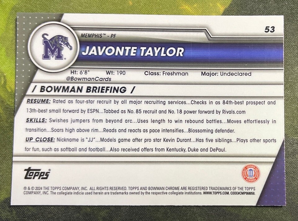 Javonte Taylor - 2023-24 1st Bowman U Chrome Sapphire - Memphis | eBay