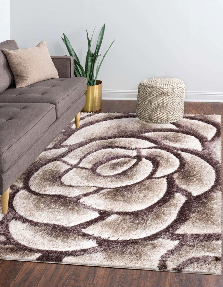New Luxury Shaggy Rug Thick Soft Fluffy 3D Rose Pattern Bedroom Living ...