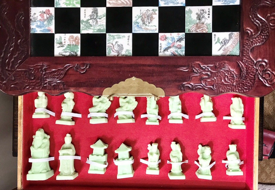 Vintage Eight Fairies Chess Set-Asian Carved Soapstone Pcs Carved Wood ...