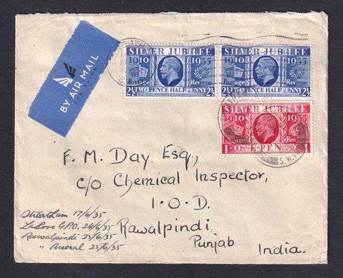GB good used KGV air mail envelope to India with Silver Jubilee stamps ...