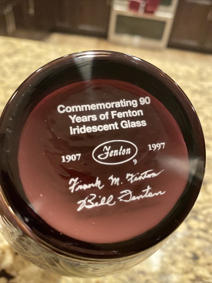 Plum FENTON Overlay Iridescent Flower Glass Pitcher Vase Signed By ...