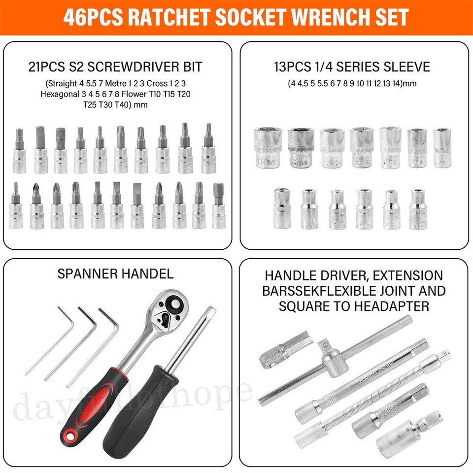 46PCS Socket Set 1/4" Drive Ratchet Spanner Metric Drive Small Socket ...