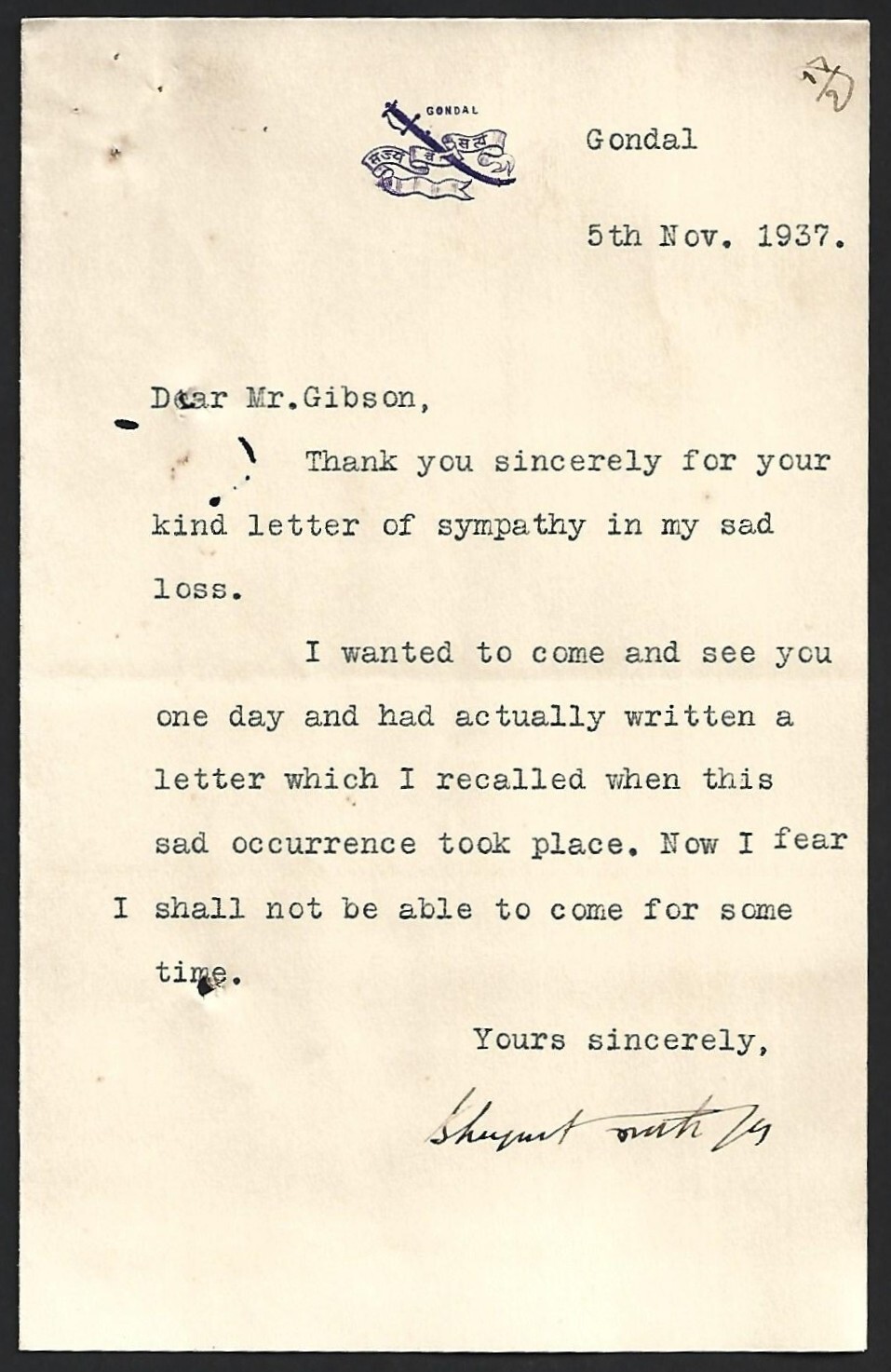 (AOP) India GONDAL STATE crested letter signed Maharaja Bhagwatsinhji ...