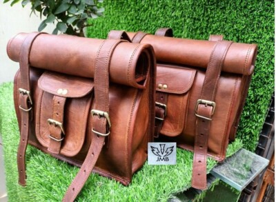 Pair Real Vintage Leather Roll Motorcycle Saddle Bag Brown Swingarm 2 ...