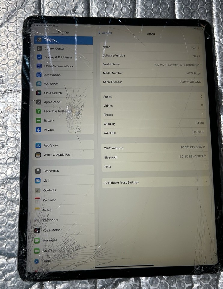 iPad Pro 12.9” 3rd Gen 64GB WiFi – Cracked Screen, Bent Frame, TOUCH ...