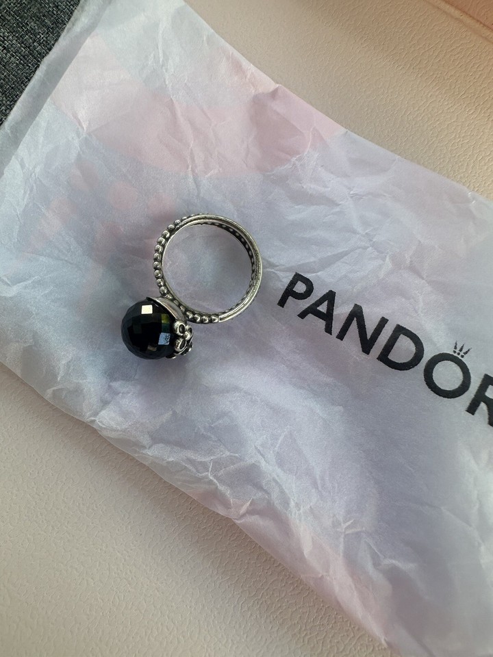 Authentic Pandora Garden Odyssey Black Spinel Flower Silver Ring Size ...